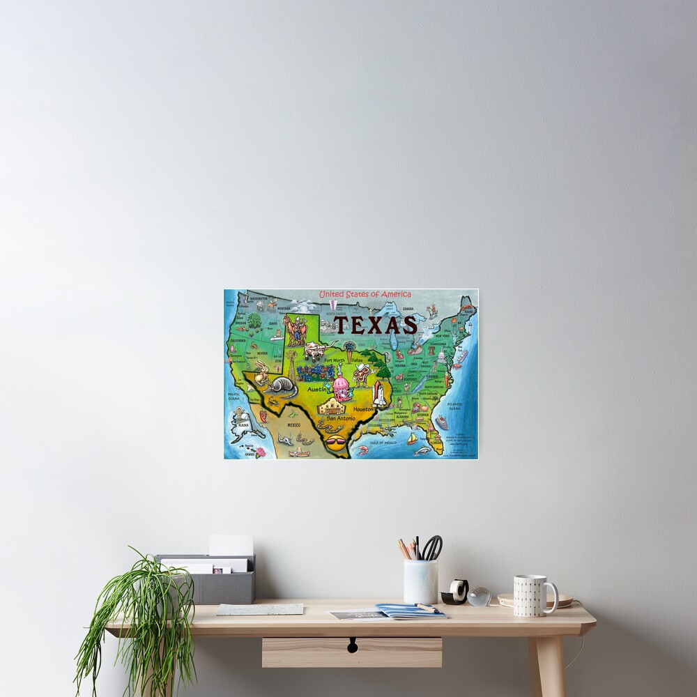 "Texas USA Cartoon Map" Poster for Sale by kevinmiddleton | Redbubble