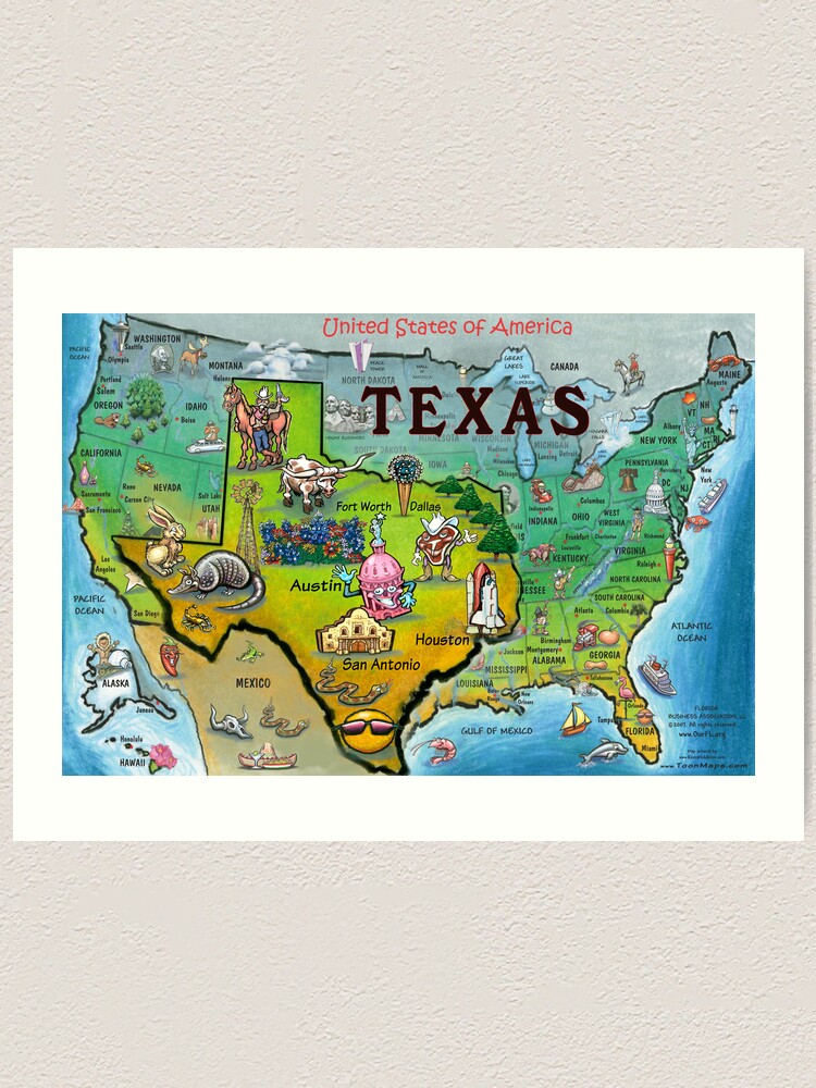 "Texas USA Cartoon Map" Art Print for Sale by Kevin Middleton | Redbubble