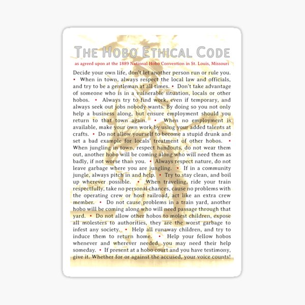 "The Hobo Ethical Code" Sticker for Sale by KLondike-5 | Redbubble