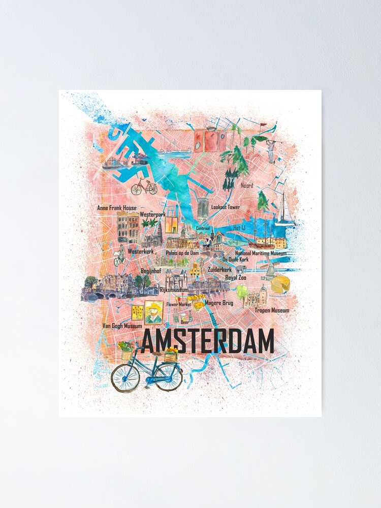 "Amsterdam Netherlands Illustrated Map with Main Roads Landmarks and ...