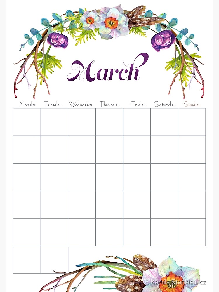 "March undated calendar Monday" Poster for Sale by vasylissa | Redbubble
