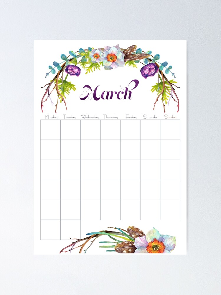 "March undated calendar Monday" Poster for Sale by vasylissa | Redbubble