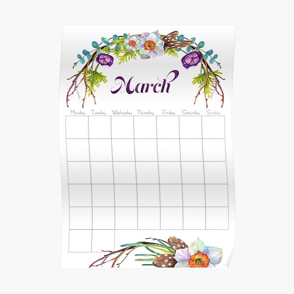 "March undated calendar Monday" Poster for Sale by vasylissa | Redbubble