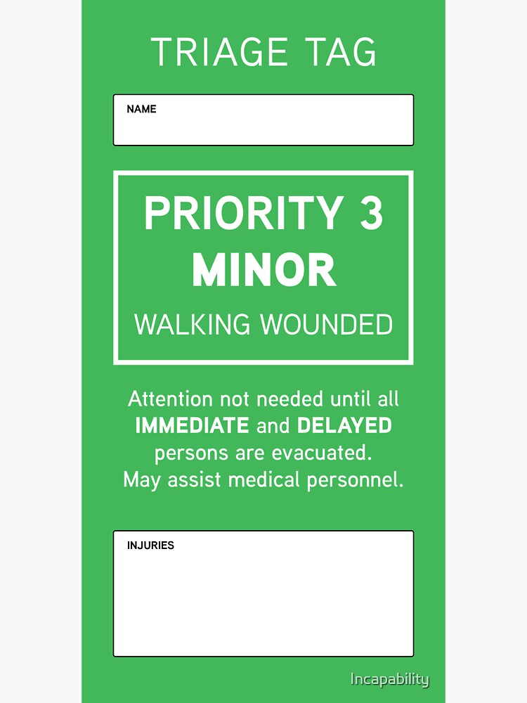 "Triage Tag: Minor" Sticker for Sale by Incapability | Redbubble