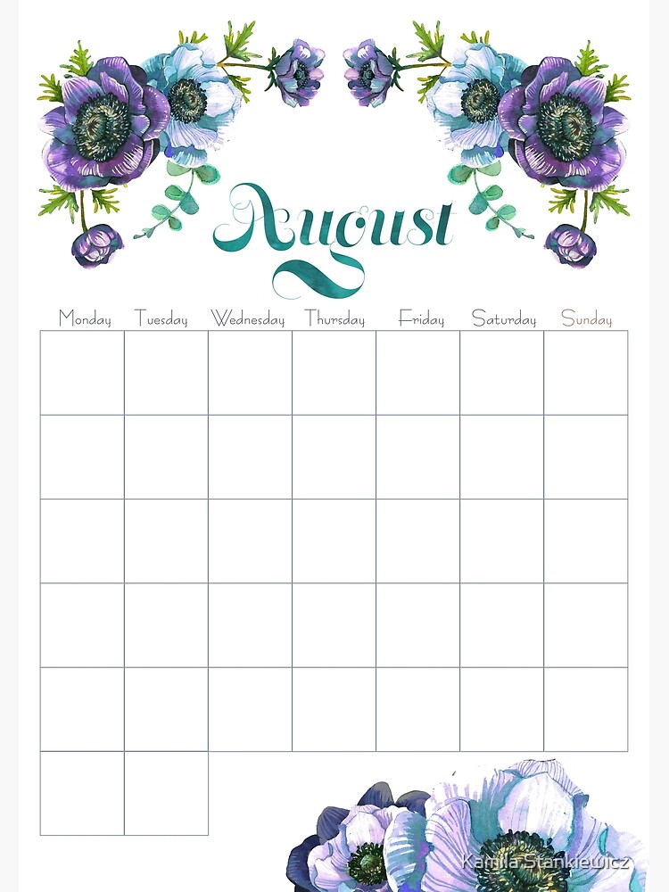 "August undated calendar Monday" Poster by vasylissa | Redbubble