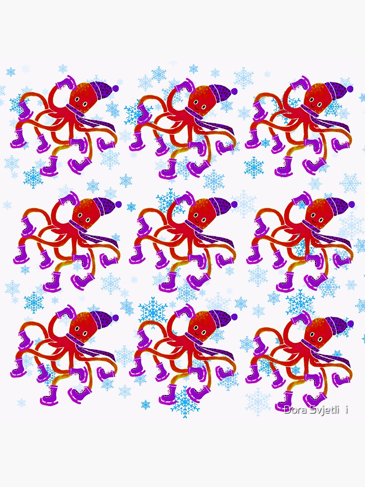 "Red Ice Skating Octopus" Sticker by grigoriidesign | Redbubble