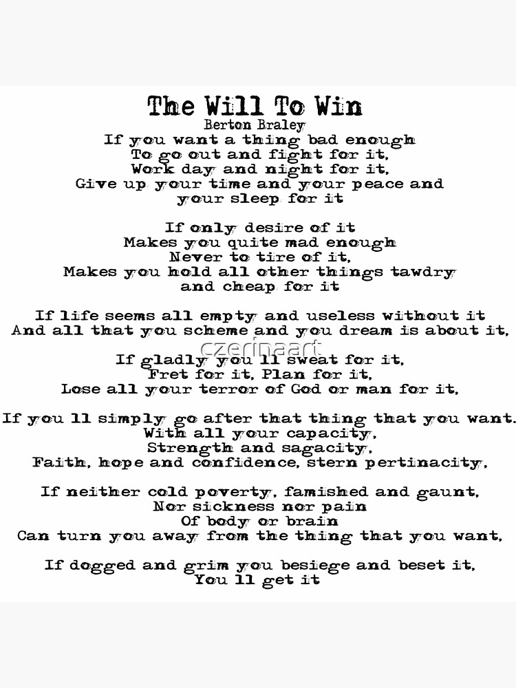 "Will To Win Poem" Framed Art Print for Sale by czerinaart | Redbubble