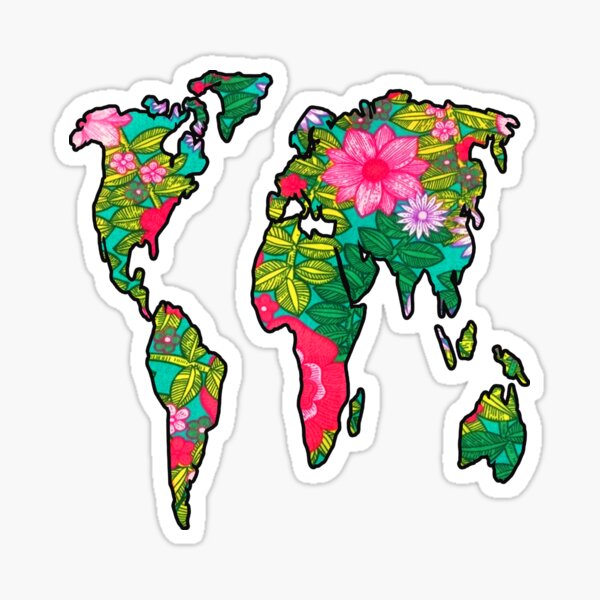"Pink Floral World Map" Sticker for Sale by artbyomega | Redbubble