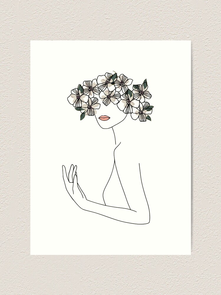 "Abstract Line Art Drawing Nymph With Floral Wreath" Art Print by UtArt ...