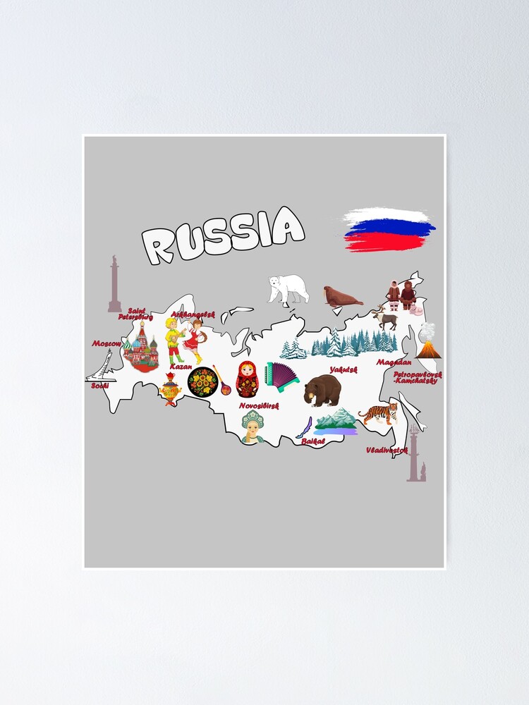 "Russia Map Landmarks tourist attractions cities and flag " Poster for ...