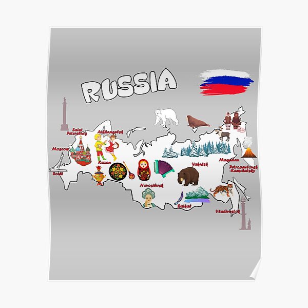 "Russia Map Landmarks tourist attractions cities and flag " Poster for ...