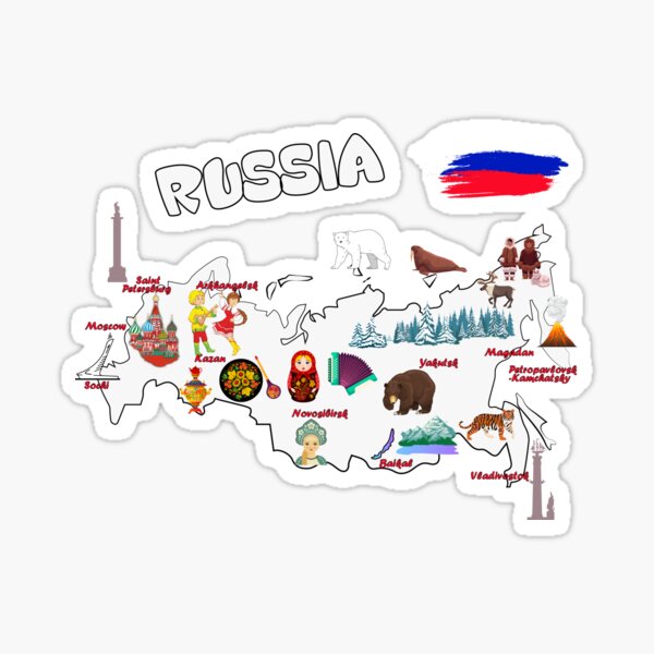 "Russia Map Landmarks tourist attractions cities and flag " Sticker for ...
