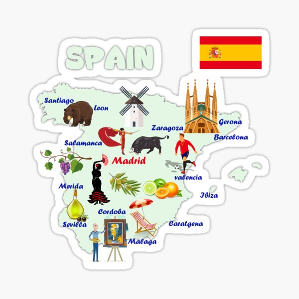 "Spain Map Tee Landmarks tourist attractions cities flag " Sticker for ...