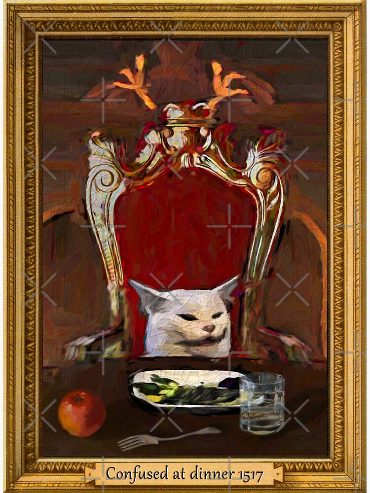 "Confused cat at dinner 1517 oil" Sticker by Misiking | Redbubble
