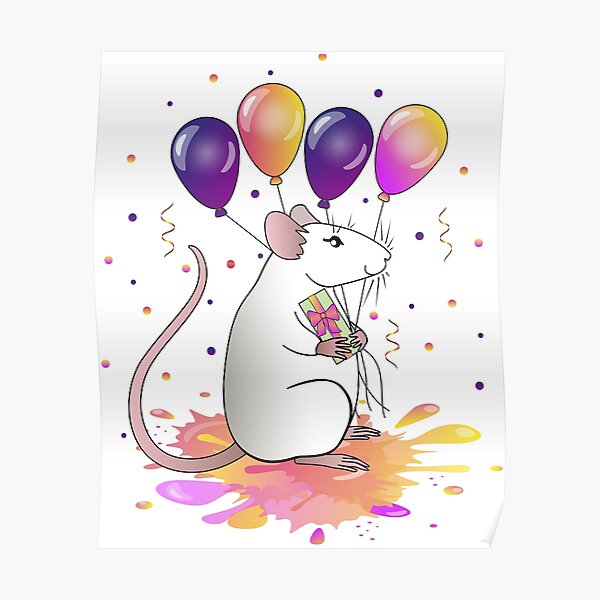 "Cute white rat with balloons and a gift on the background of bright ...