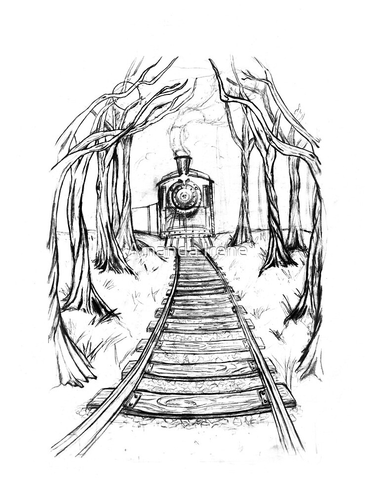 "Wooden Railway , Pencil illustration railroad train tracks in woods ...